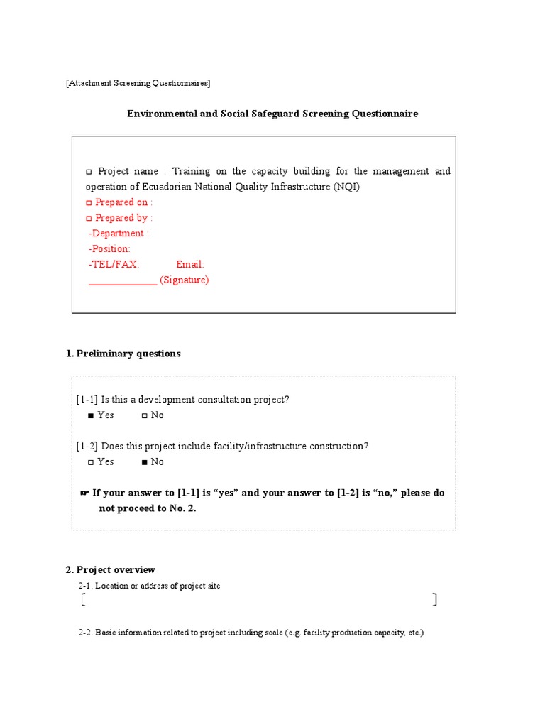 Environmental and Social Safeguard Screening Questionnaire | PDF ...