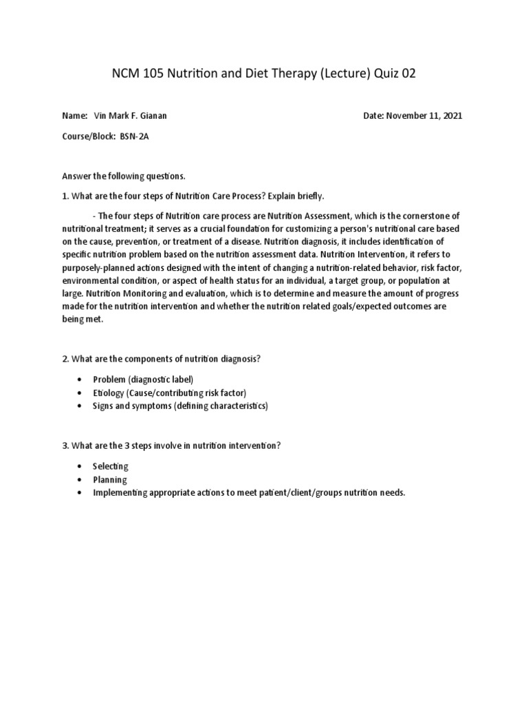 NCM 105 Quiz 2 | PDF | Medical Diagnosis | Medical Specialties