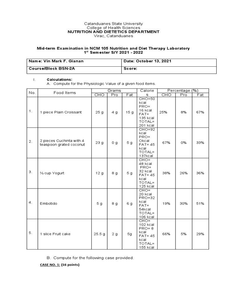 Midterm NCM 105 Laboratory Answered | PDF | Obesity | Calorie