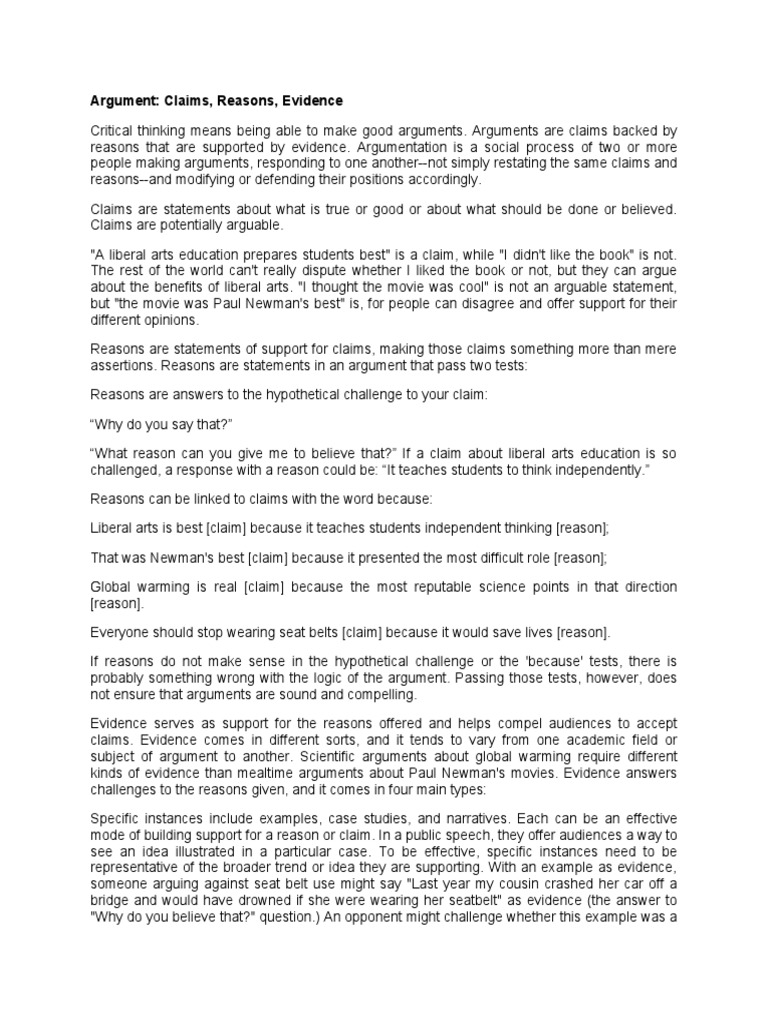 Argument: Claims, Reasons, Evidence | PDF | Reason | Evidence