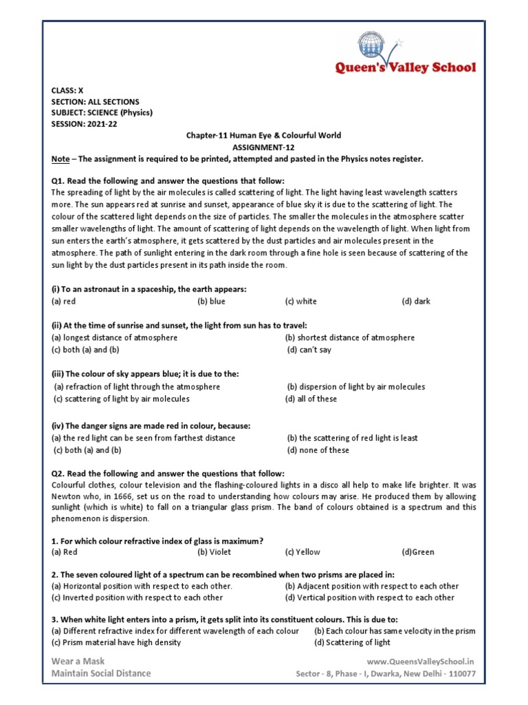 Physics Chapter 11 Human Eye And Colourful World Assignment Pdf
