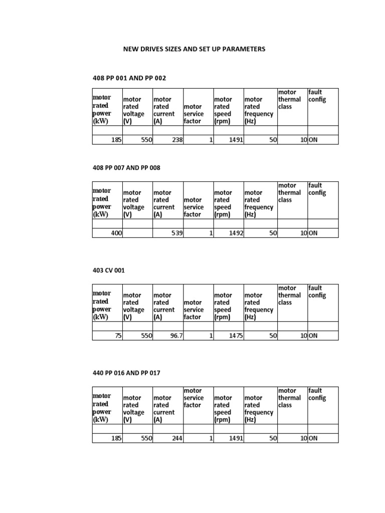 New Drives Sizes and Set Parameters | PDF | Hertz | Acceleration