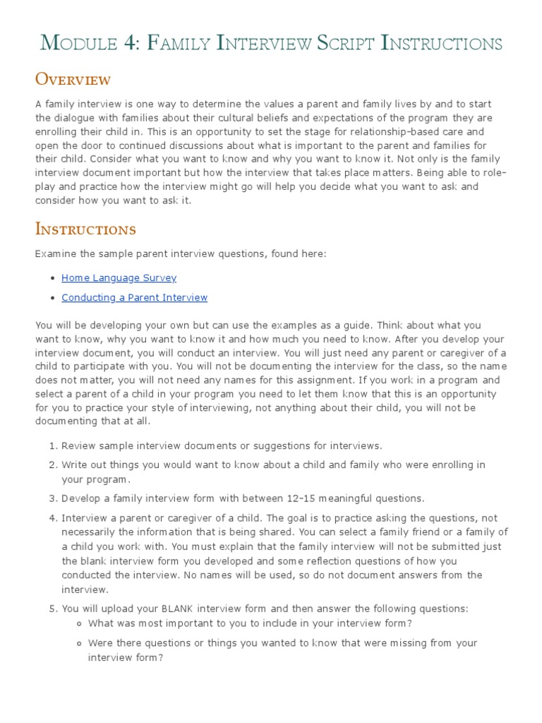 M4 Assignment 1 - Family Interview Script Instructions - ECE256C42 ...