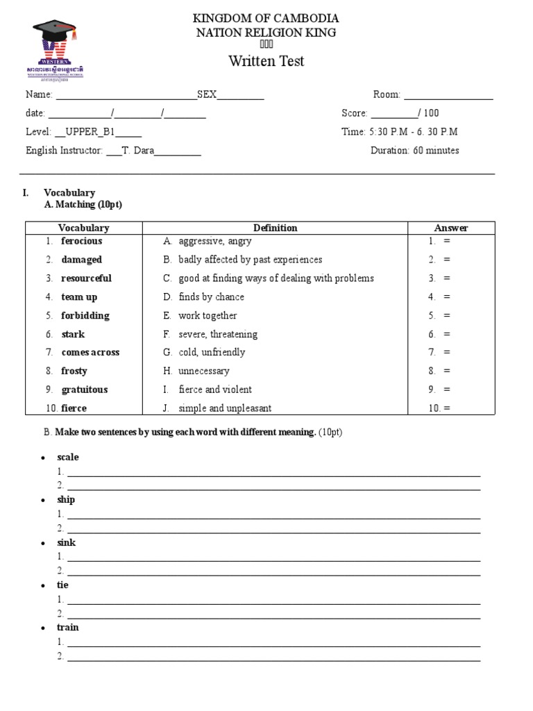 Written Test: Vocabulary Vocabulary Answer | PDF | Emotional ...