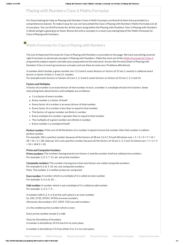 Playing With Numbers Class 6 Maths Formulas - Formulae List of Class 6 ...