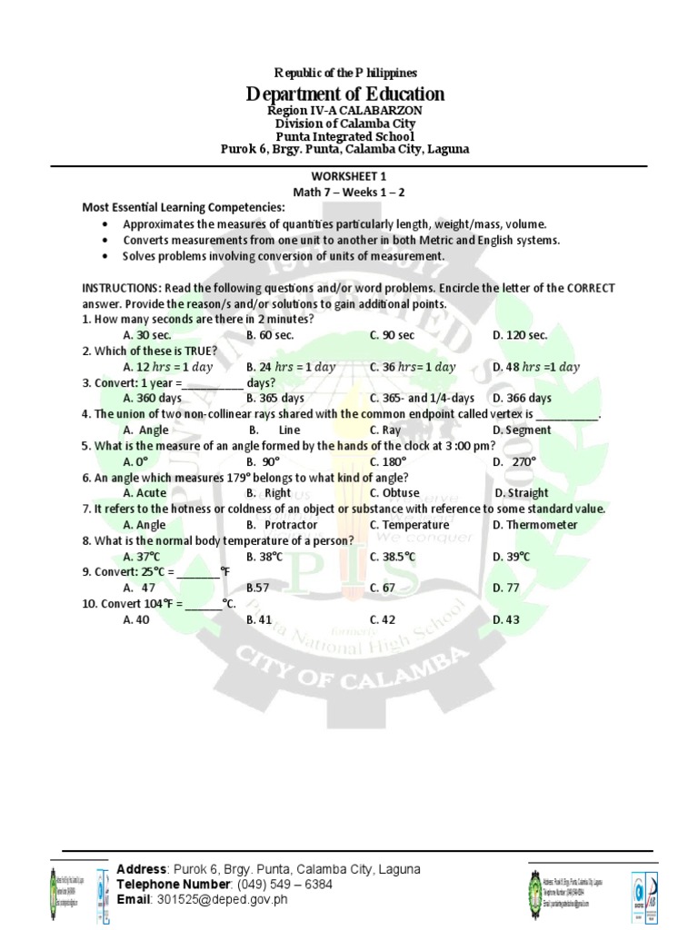 D Epartment of Education: Worksheet 1 Math 7 - Weeks 1 - 2 Most ...