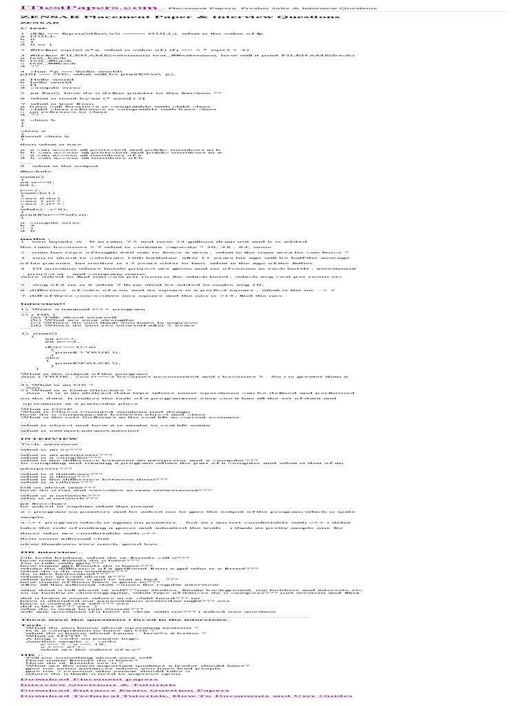 2344 1101 Zensar Placement Paper A Interview Questions | PDF | Object Oriented Programming ...