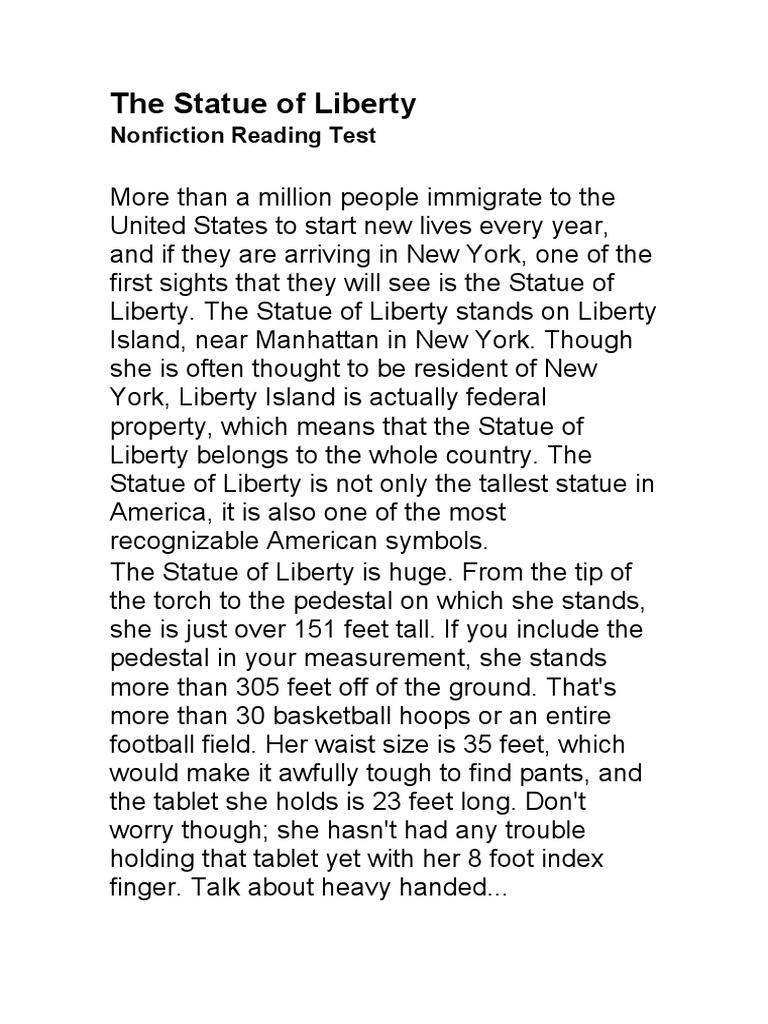 The Statue of Liberty: Nonfiction Reading Test | PDF