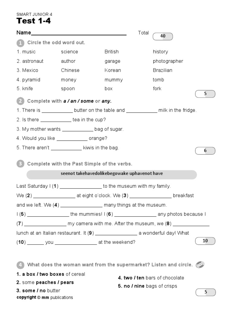 Smart Junior 4 (Uk) - Tests Modifiable Files Smart Junior 4 Test 1-4 | PDF