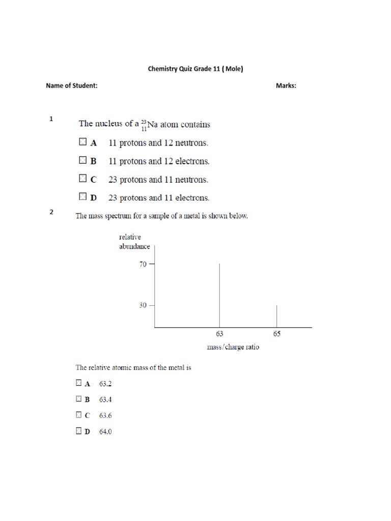 Chemistry Quiz Grade 11 (Mole) Name of Student: Marks | PDF