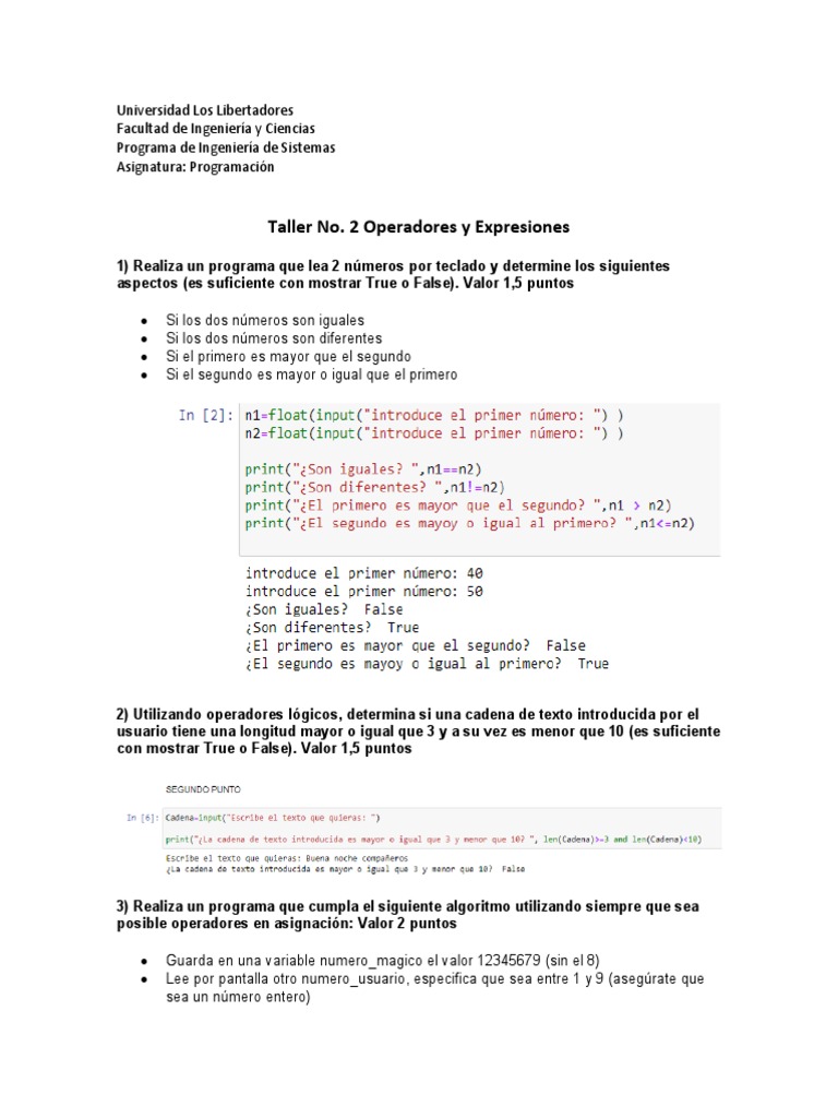 Taller No 2 Operadores y Expresiones | PDF