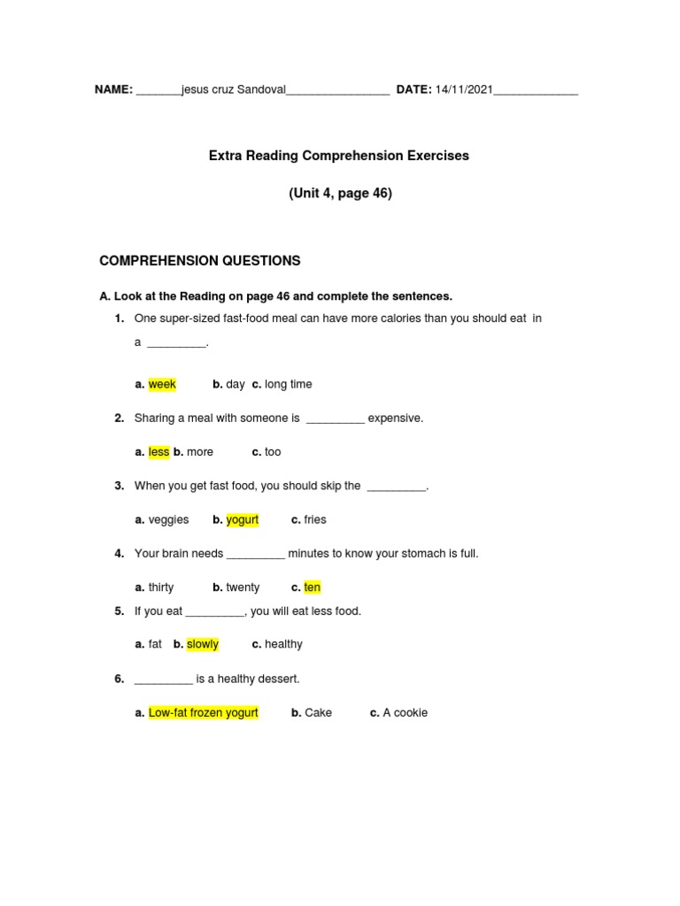 Extra Reading Comprehension Exercises (Unit 4, Page 46) | PDF