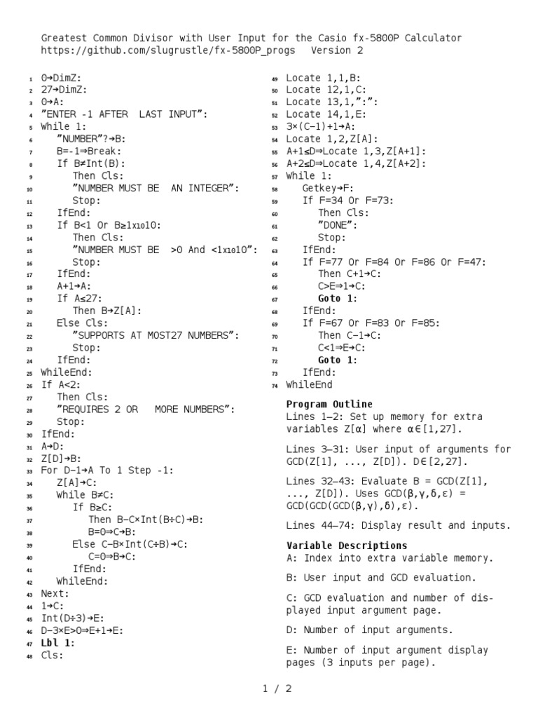 CASIO fx-5800P GCD | PDF | Mathematics | Software Engineering