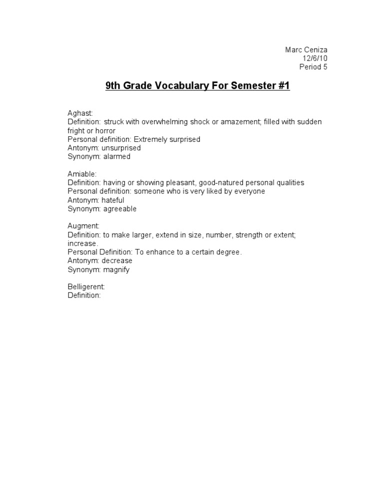 9th Grade Vocabulary List for Semester 1 | PDF