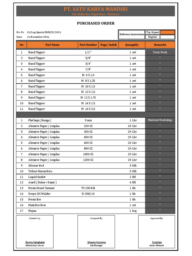 Pt. Satu Karya Mandiri: Purchased Order | PDF