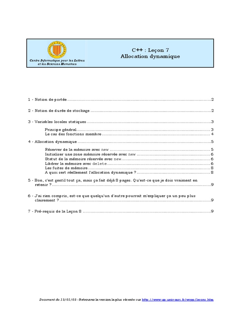 07-Allocation Dynamique | PDF | Pointeur (programmation) | Variable (informatique)