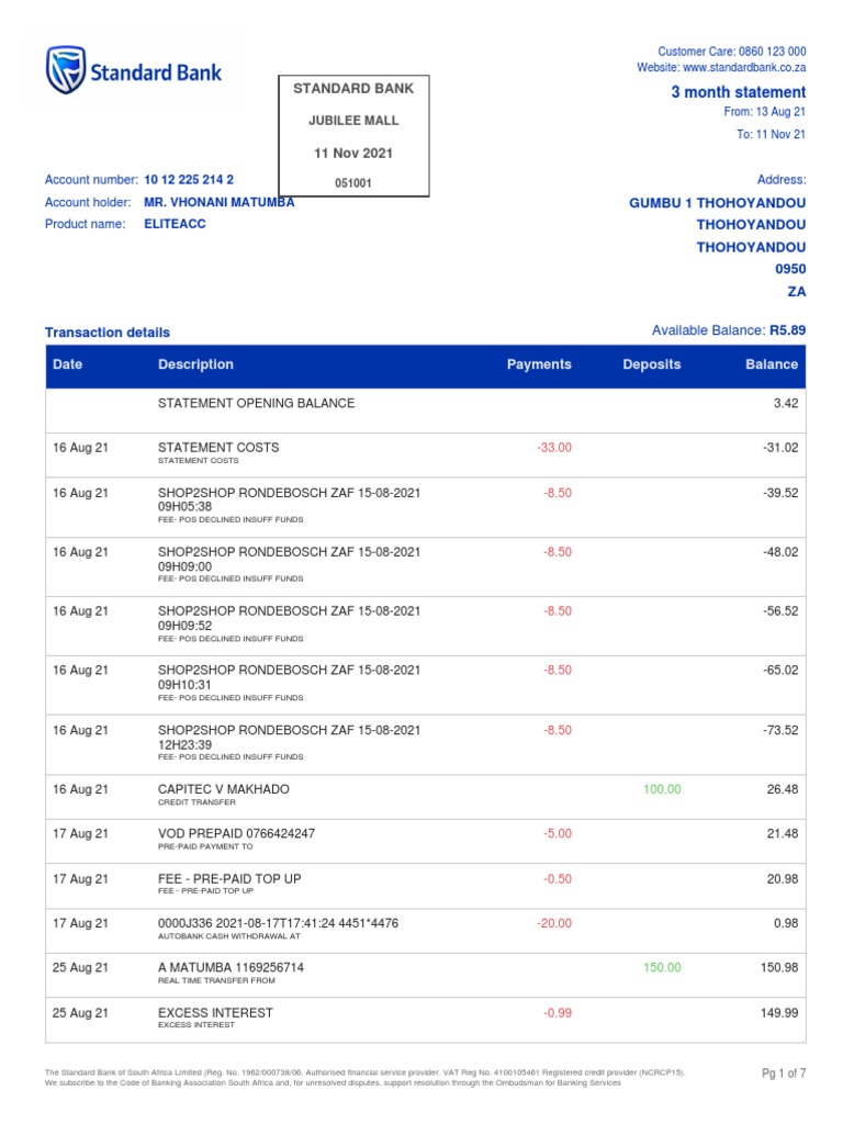 Standard Bank 3-Month Statement Summary | PDF | Credit Card | Prepaid ...