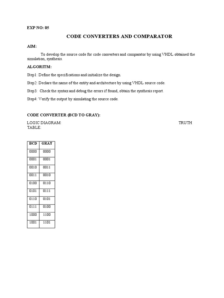 Code Converters and Comparator: Exp No: 05 | PDF | Vhdl | Information ...