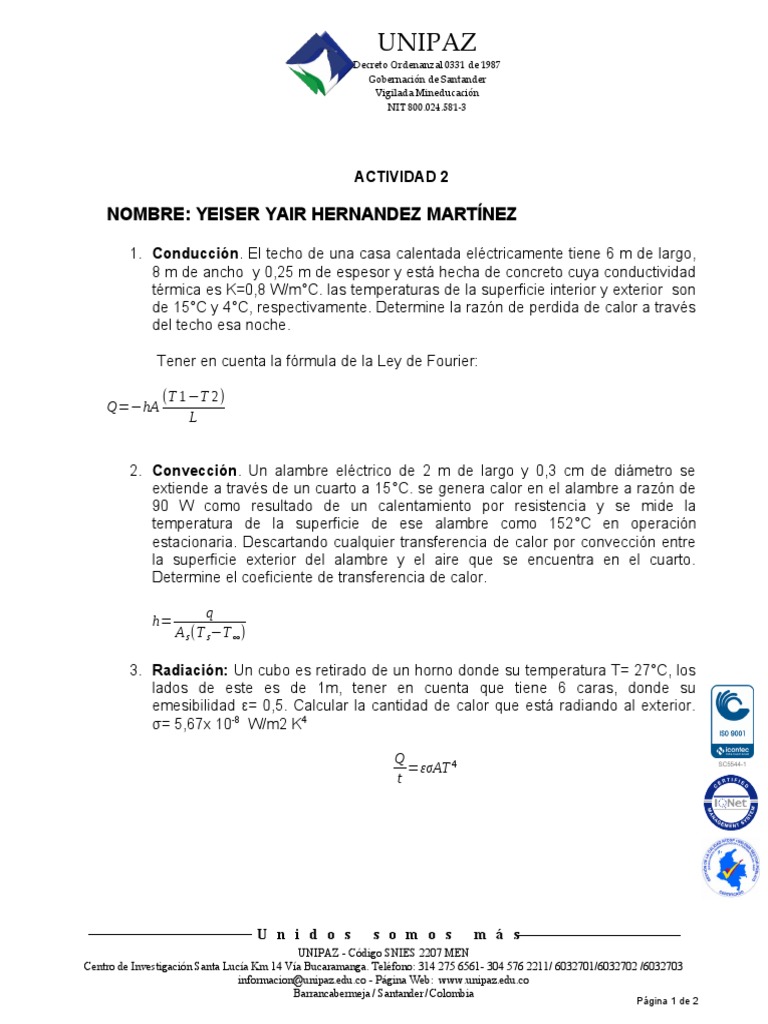 Actividades de Transferencia de Calor | PDF | Conduccion termica ...