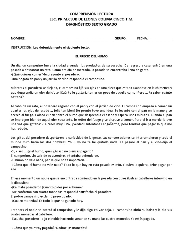 El Precio Del Humo - Comprensión Lectora - 6° Grado | PDF