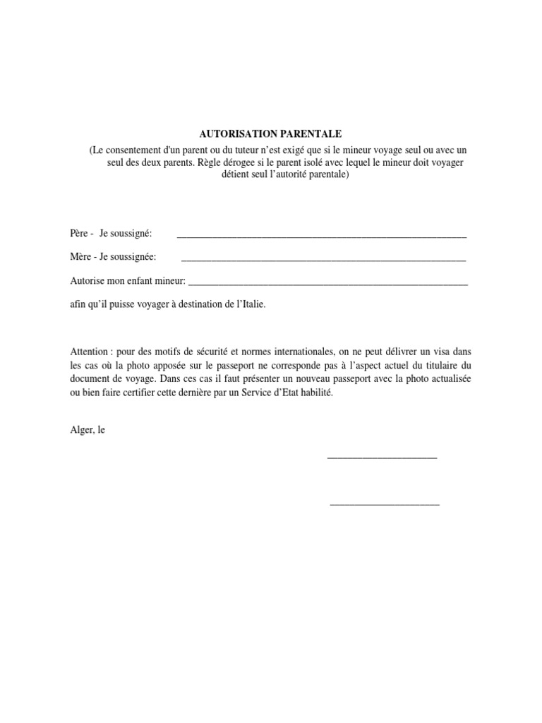 Autorisation Parentale Ita | PDF