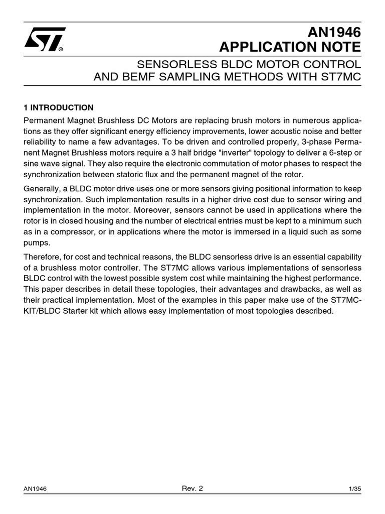 Cd00020086 Sensorless BLDC Motor Control and Bemf Sampling Methods With St7mc Stmicroelectronics ...