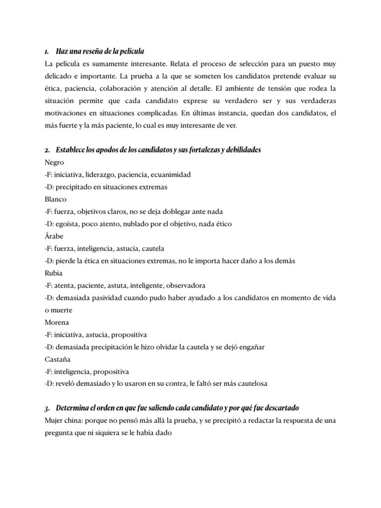 Cuestionario película "El Examen" | PDF