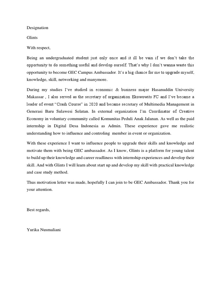 Motivation Letter Ambassador | PDF