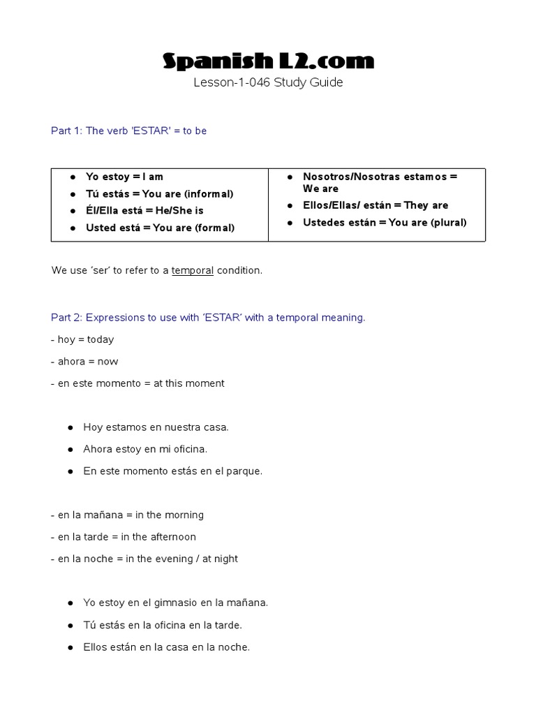 Spanish 'ESTAR' Verb Study Guide | PDF