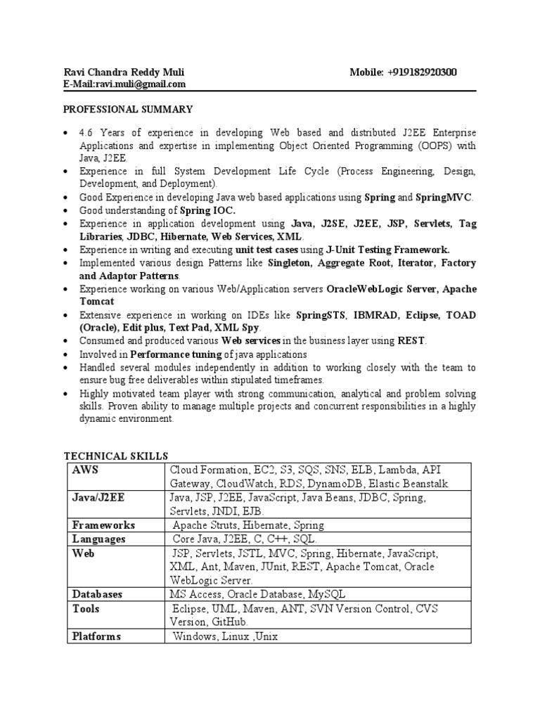 Ravi Chandra Reddy Muli's Professional Resume Highlighting Over 4 Years of Java Development ...