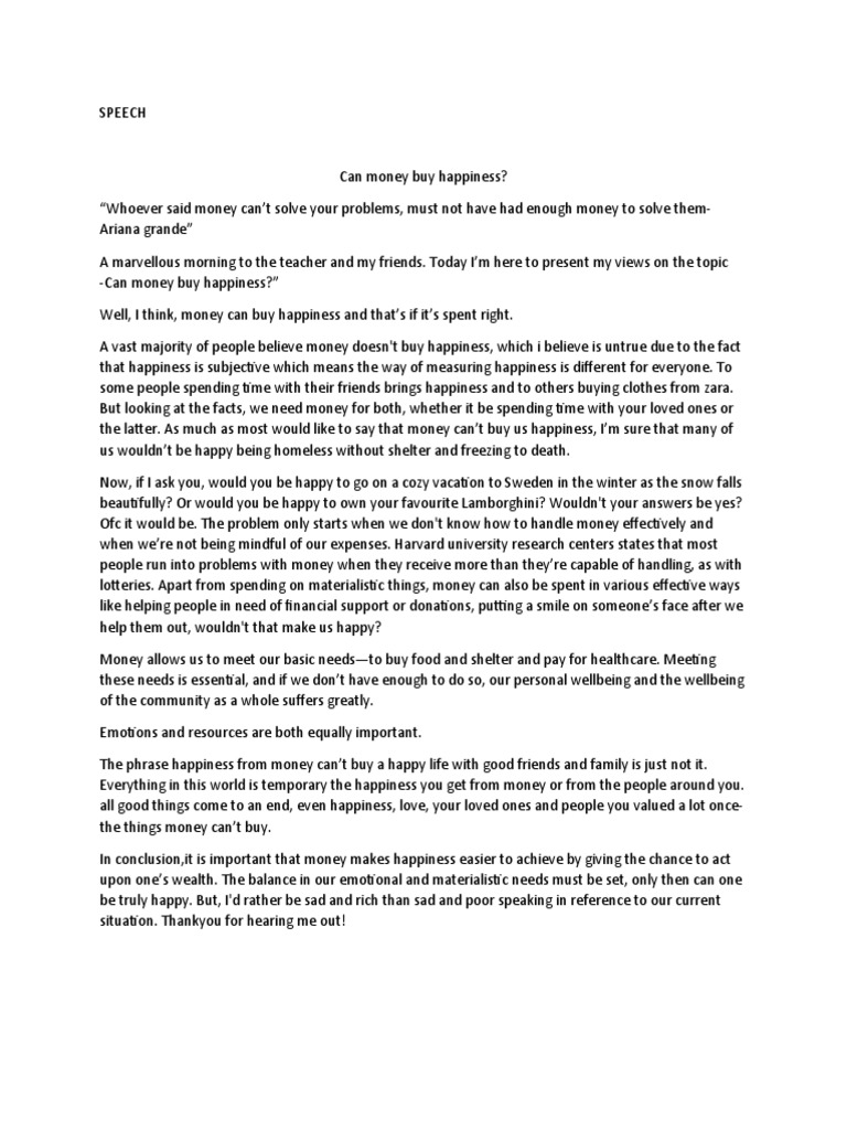 English Speech Money Can Buy Happiness | Download Free PDF | Happiness