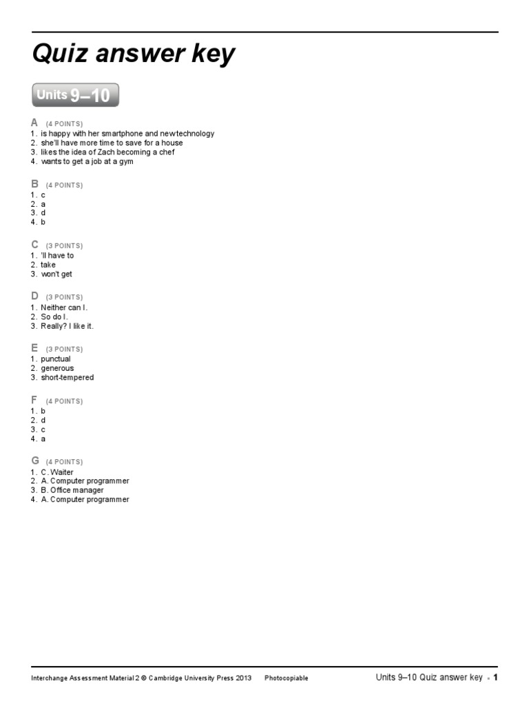 Quiz Answer Key: Units | PDF