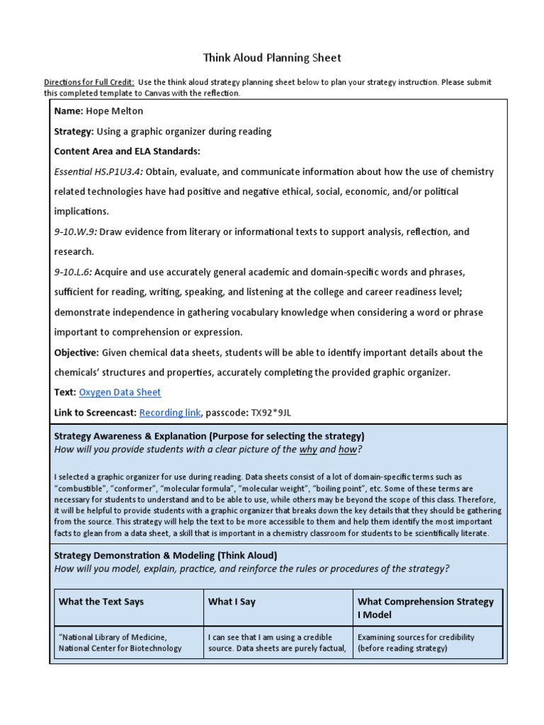 Think Aloud Strategy Planning Sheet | PDF | Reading Comprehension | Oxygen