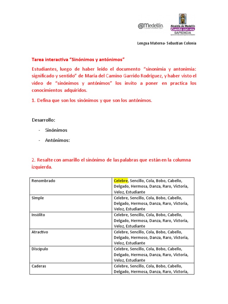 Tarea Interactiva Sinonimos y Antonimos Definitiva | PDF | Predicado ...
