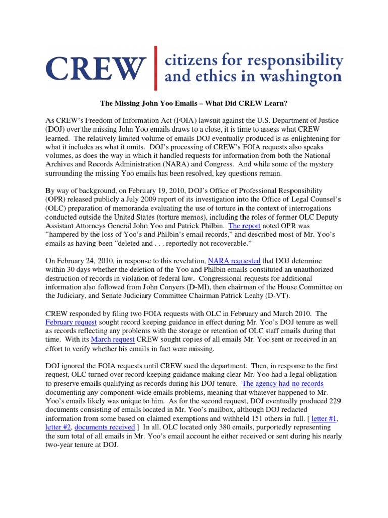 CREW: Report: The Missing John Yoo Emails - What Did CREW Learn?: 04/28 ...