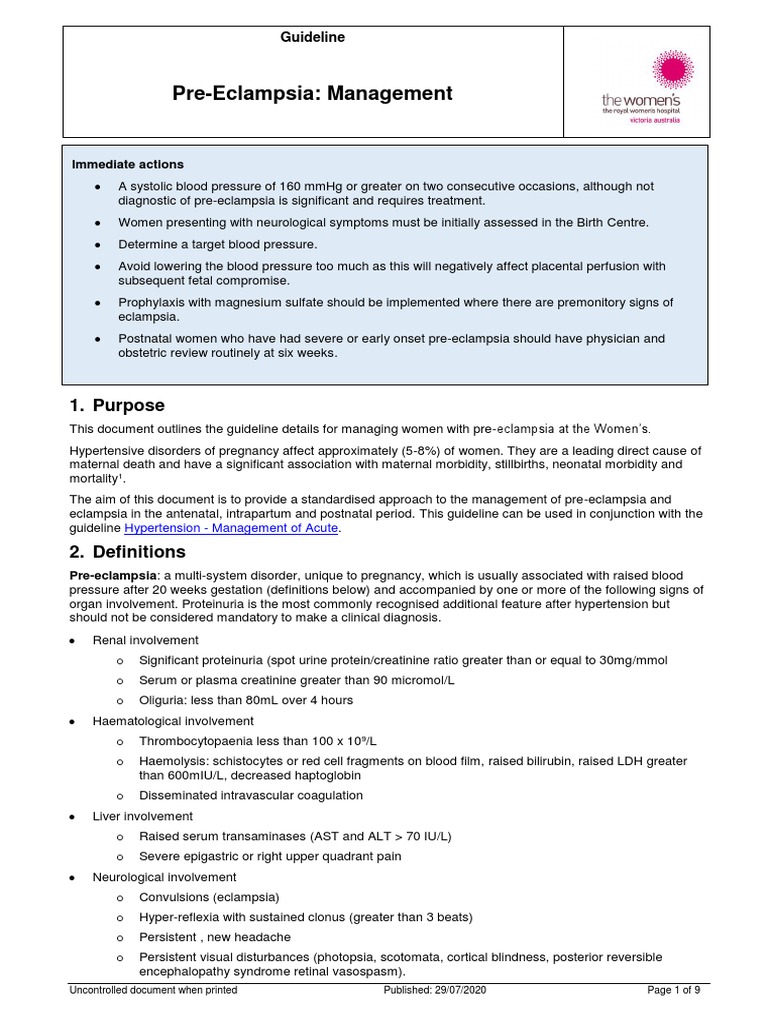 Pre Eclampsia Management 280720 | PDF | Hypertension | Childbirth