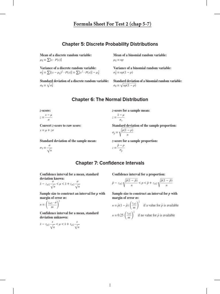 Formula Sheets Test 2 Chap 5 7 PDF Confidence Interval