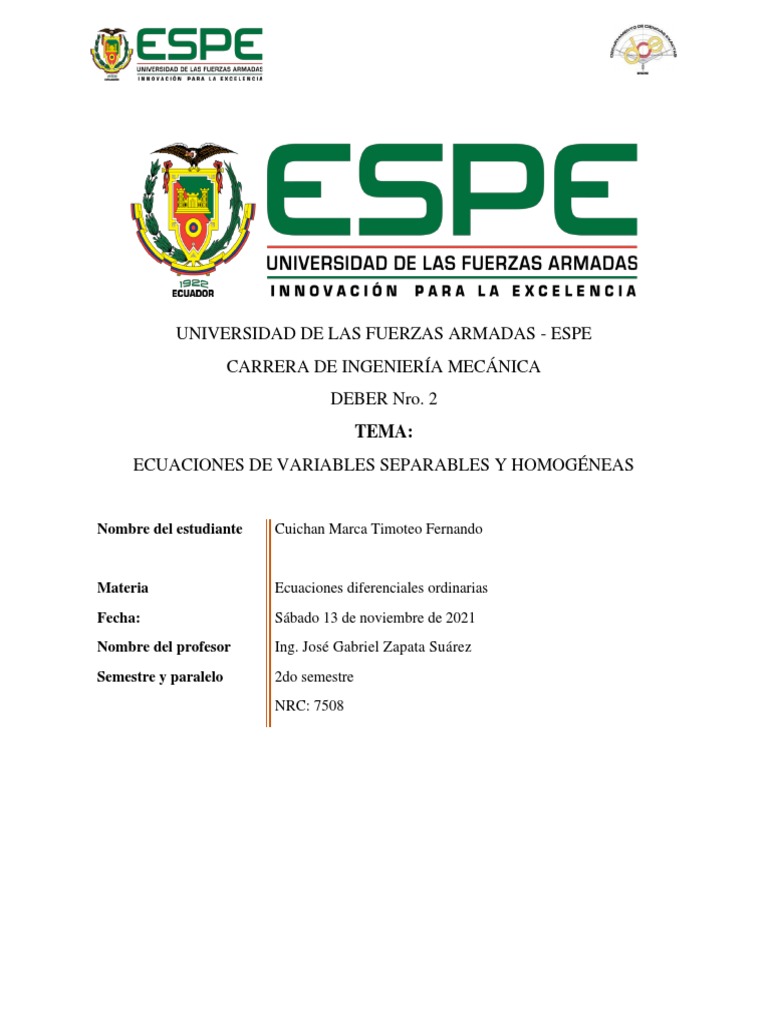 Deber 2 Edo Ecuaciones de Variables Separables y Homogeneas Cuichan Timoteo NRC 7508 | PDF
