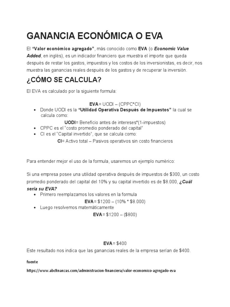 Calculo y Ejemplo de Eva | PDF | Finanzas y dinero
