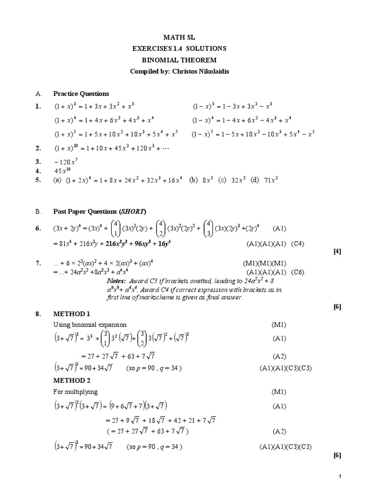 SL 1.4 BINOMIAL THEOREM - Solutions | PDF | Mathematics | Mathematical Analysis