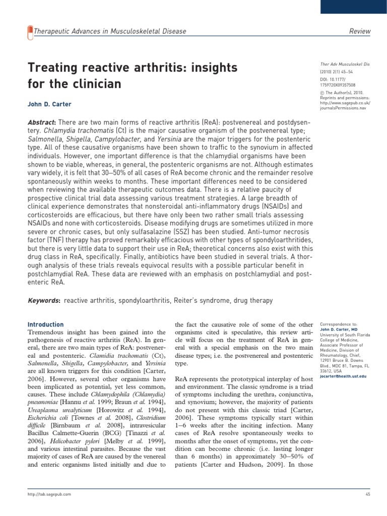Treating Reactive Arthritis: Insights For The Clinician: John D. Carter ...