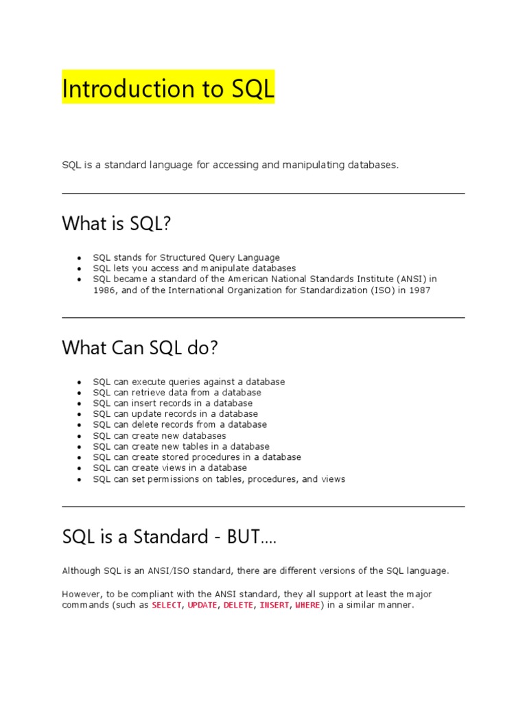 Introduction To SQL | PDF | Sql | Relational Database