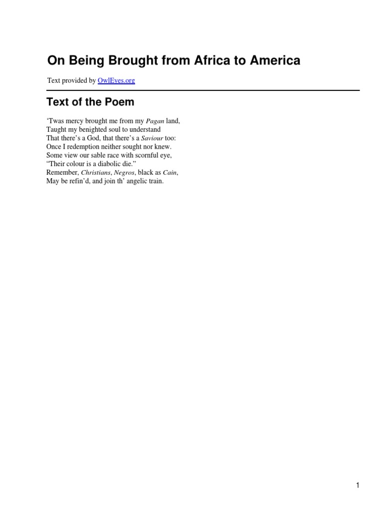 Oe On Being Brought From Africa To America Text | PDF