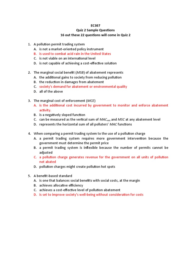 Sample Questions from EC307 Quiz 2 on Market-Based Policy Instruments ...