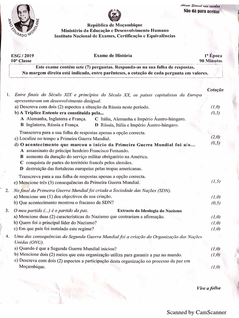 Exame de Historia 10 Classe 1 Época 2019 | PDF