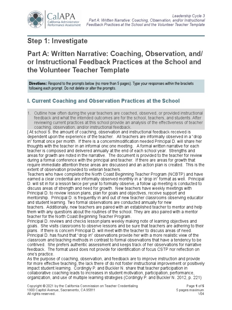 Calapa c3 s1 Investigate Parta | PDF | Teachers | Mentorship