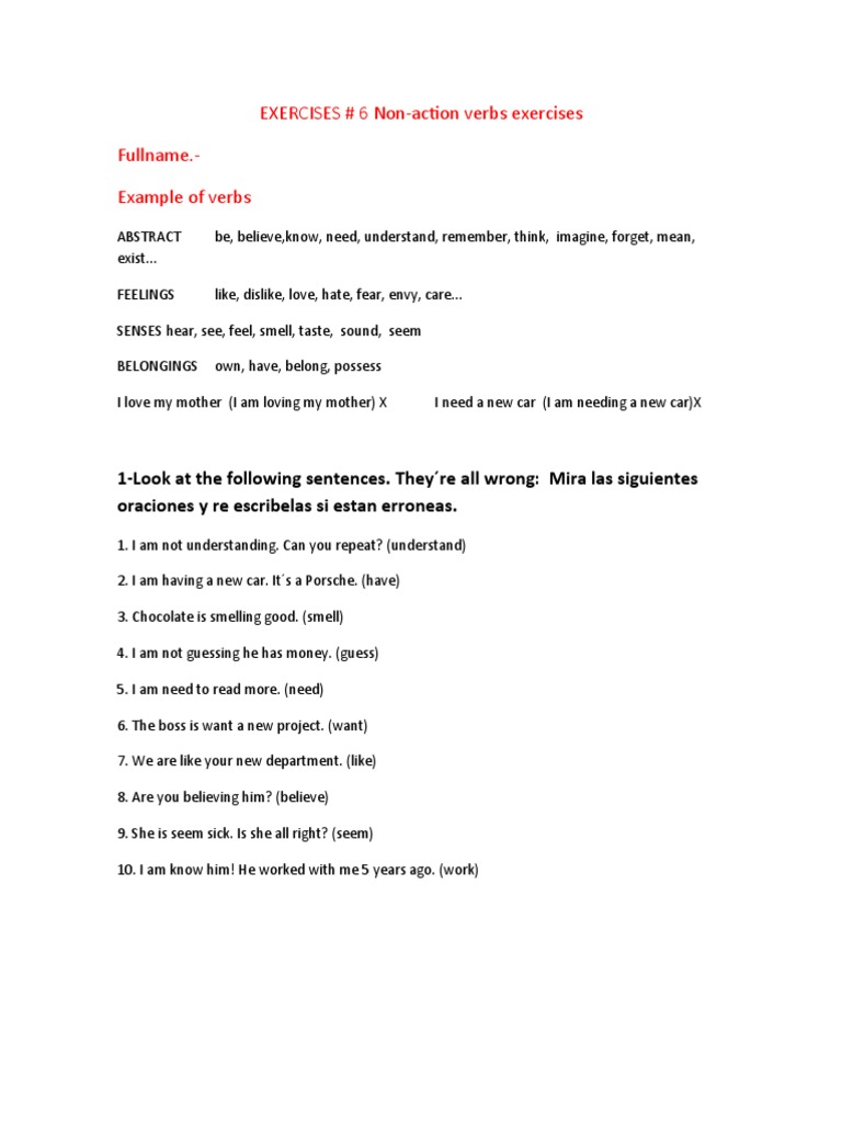 EXERCISES - No Action Verbs | PDF