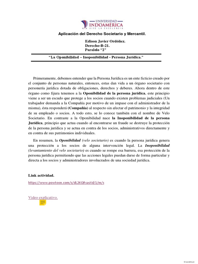 "La oponibilidad-Inoponibilidad-Persona Jurídica". | PDF