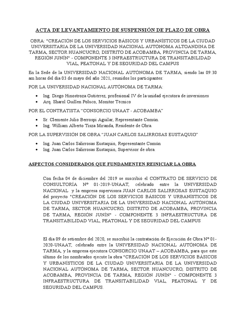 01 Acta de Acuerdo de Levantamiento de Suspensión de Plazo de Ejecución | PDF