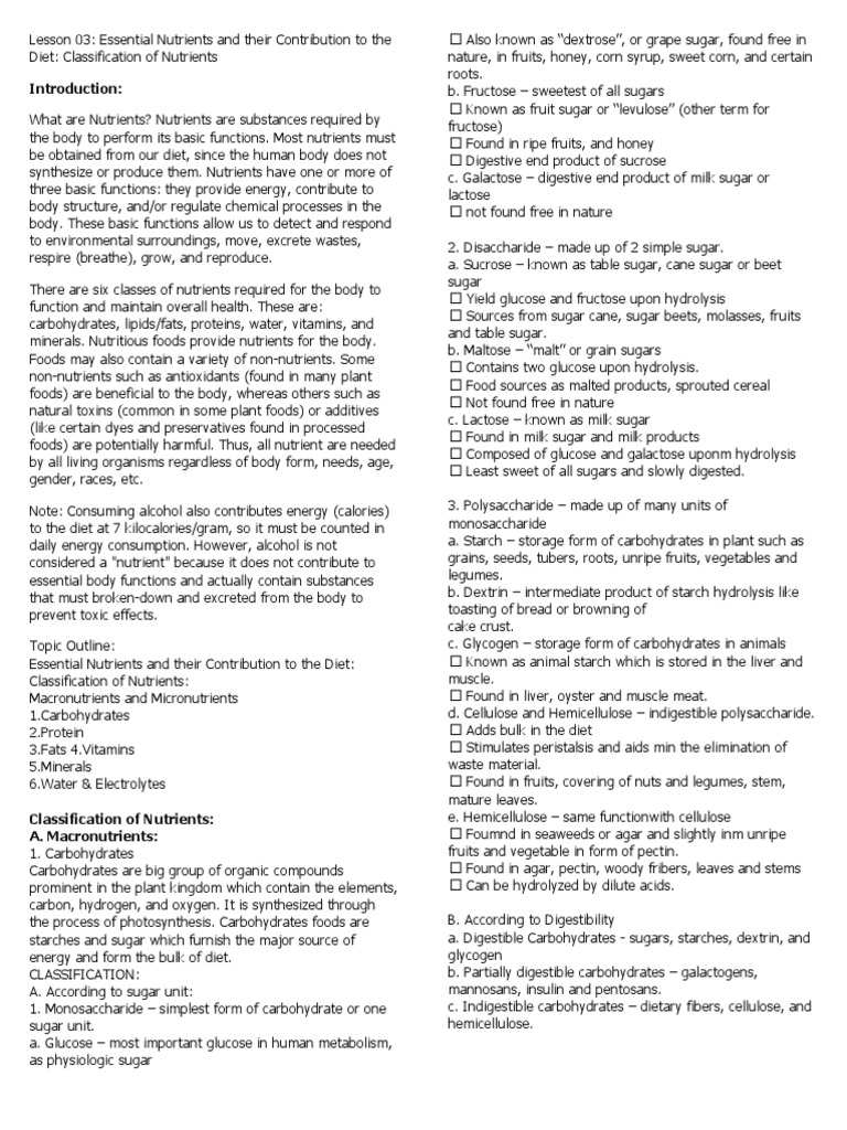 Lesson 03 Essential Nutrients and Their Contribution To The Diet ...